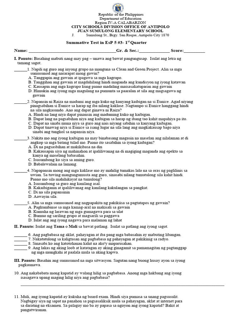 Summative Test in ESP #3 | PDF