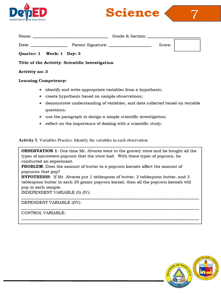 Science 7 - q1 - Dw3 | PDF | Experiment | Hypothesis