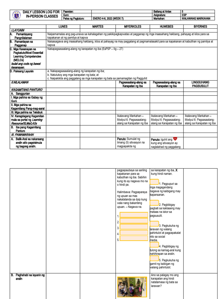 Daily Lesson Log For In-Person Classes: I.Layunin | PDF