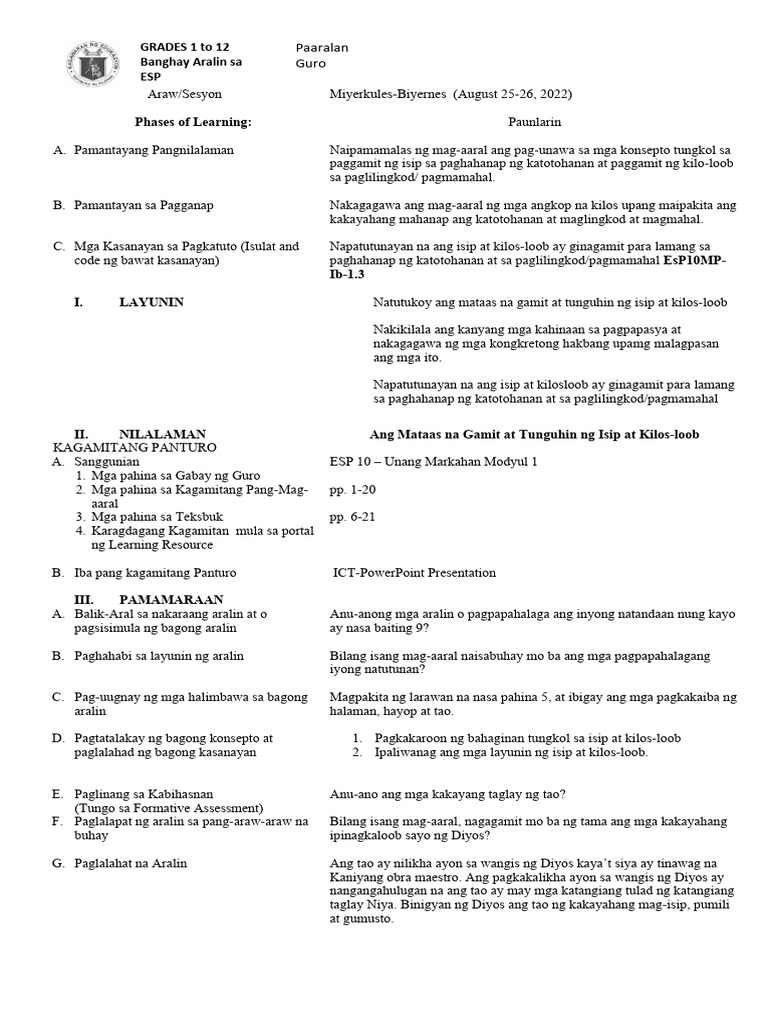 Ang Mataas Na Gamit T Tunguhin NG Isip at Kilos Loob 2 | PDF