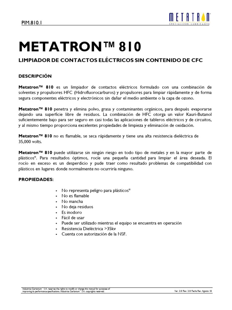 METATRON 810 SP Spanish | Descargar gratis PDF | Solvente | El plastico
