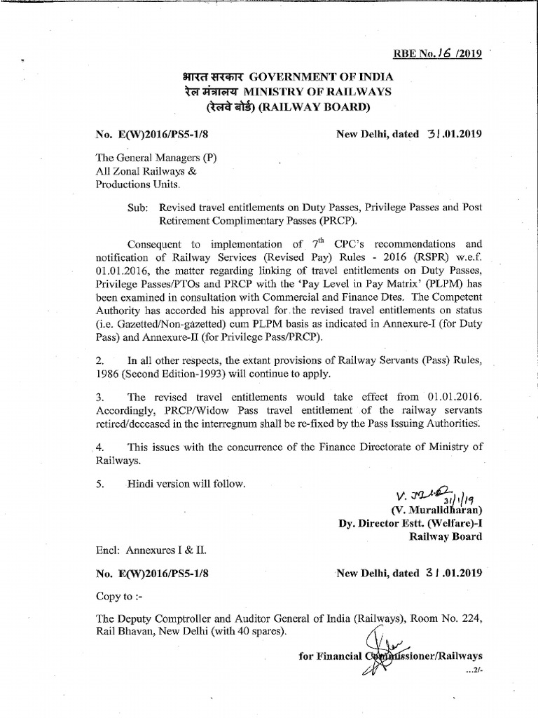 Revised Travel Entitlements On Duty Passes Privilege Passes and Post ...