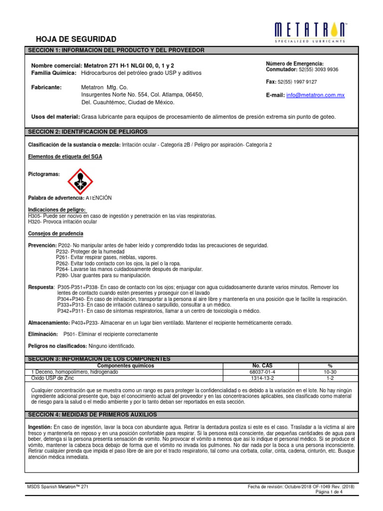 MSDS Metatron 271 | PDF | Combustión | Agua MSDS Metatron 271 | PDF | Combustión | Agua