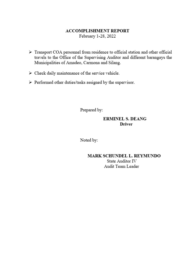 COA Driver Accomplishment Report 2022 | PDF