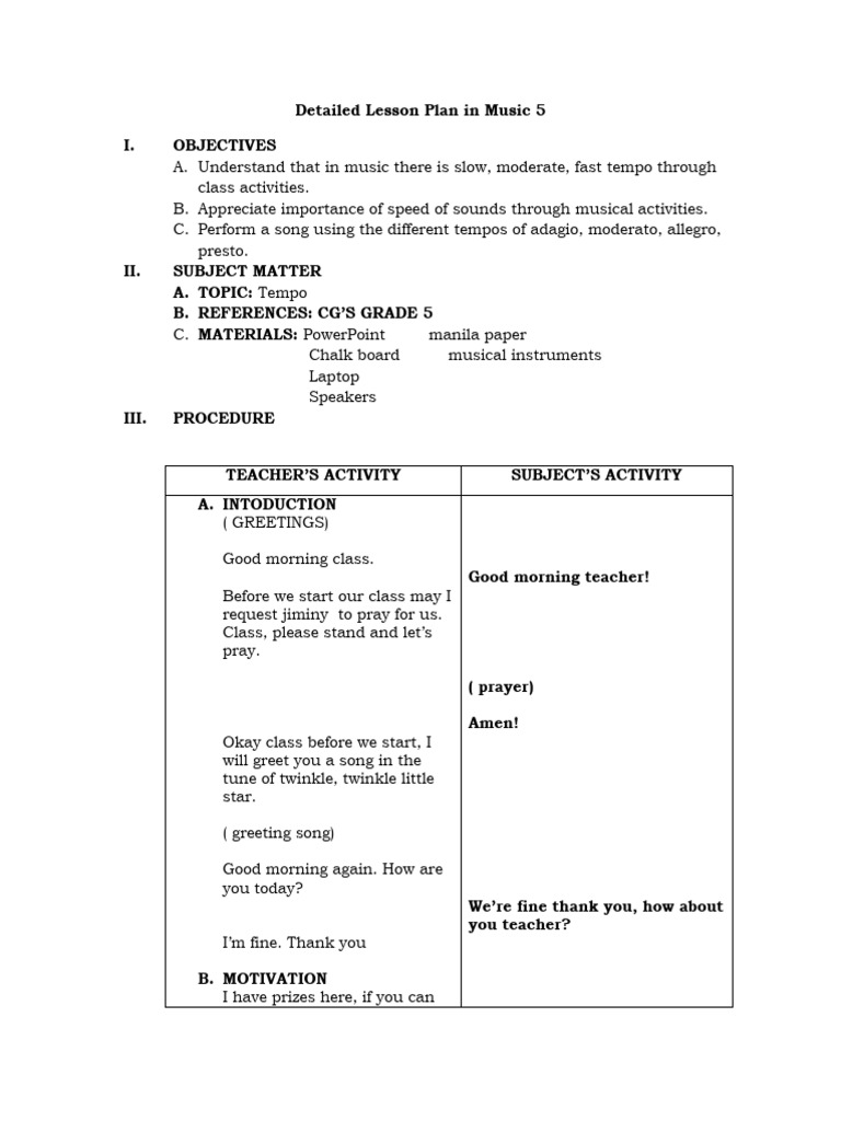 Detailed Lesson Plan in Music | PDF