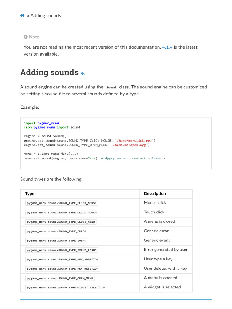 Adding Sounds Pygame Menu 4 1 3 Documentation Pdf