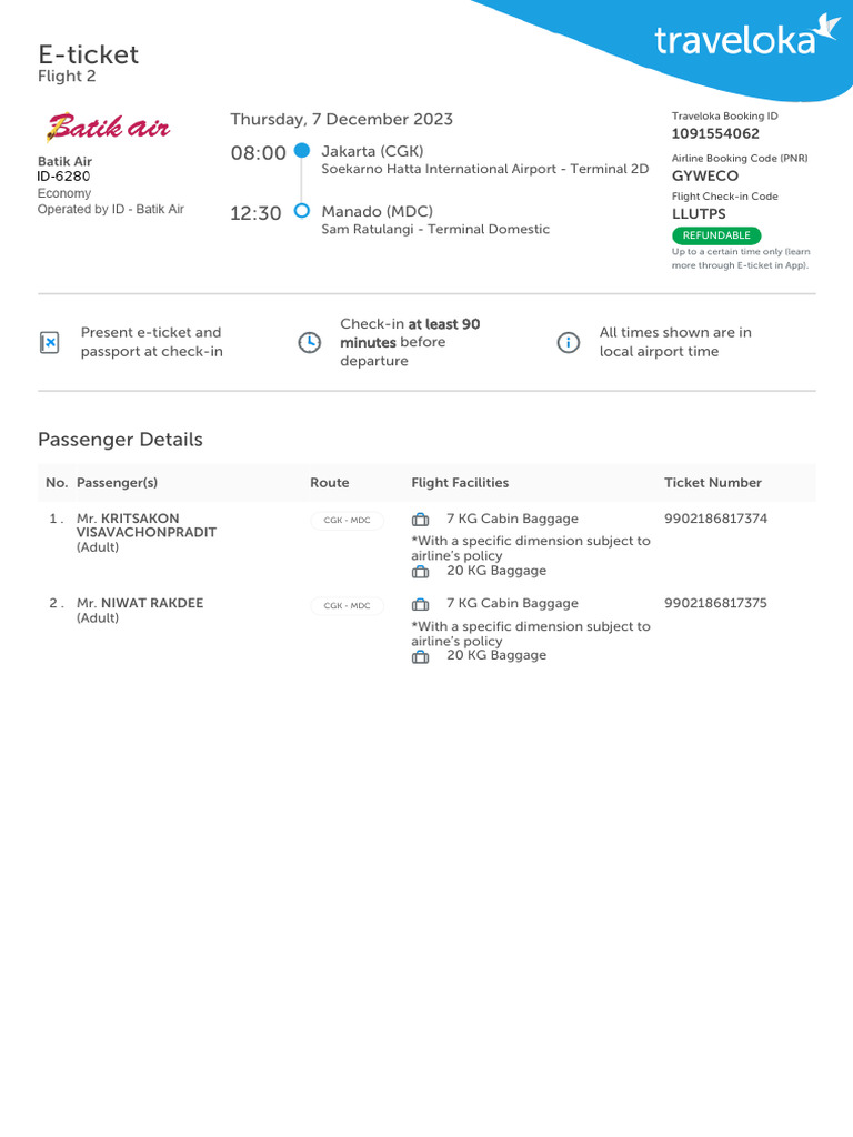 Kritsakon & Niwat - CGK To MDC - 07 DEC 2023 | PDF