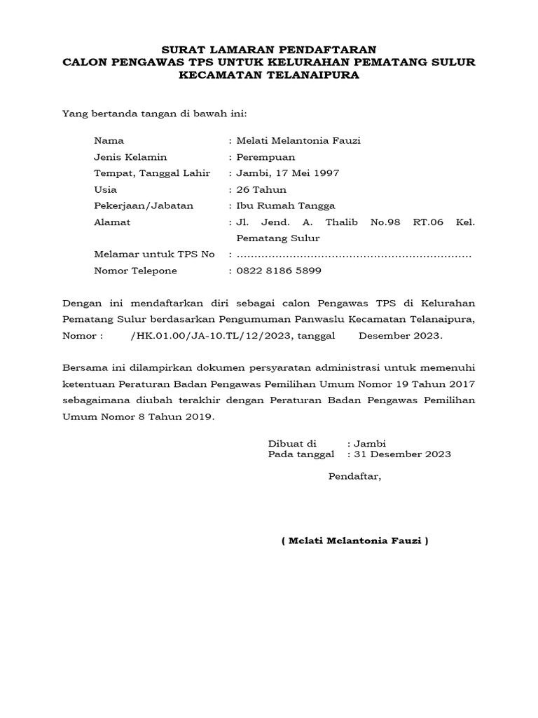 Surat Lamaran, Daftar Riwayat Hidup Dan Surat Pernyataan Calon Pengawas TPS - Melati Melantonia ...