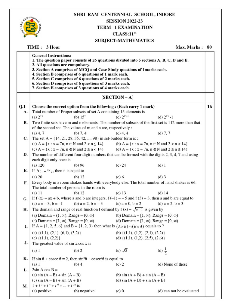 11th Maths Term-1 Paper | PDF | Numbers | Mathematics
