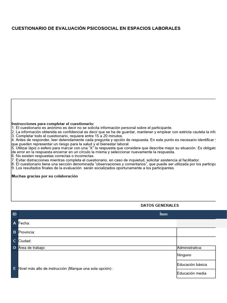 Cuestionario Riesgos Psicosociales 2023 | PDF