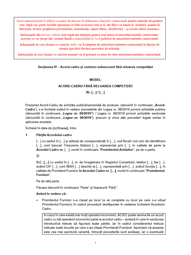 Secțiunea IV Model Acord Cadru Și Contract Subsecvent | PDF