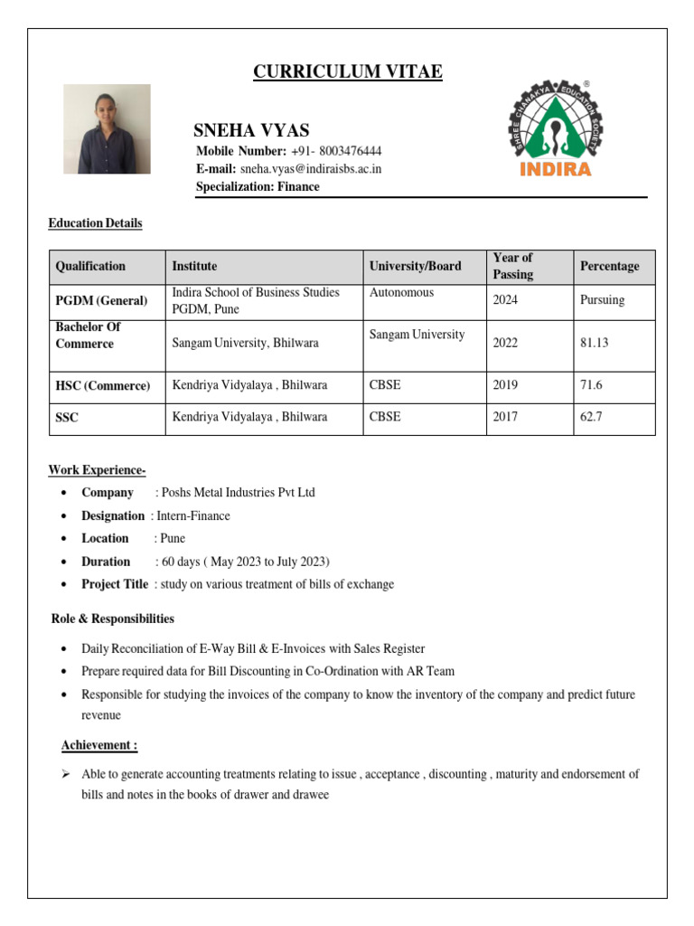 SNEHA VYAS - Indira CV | PDF