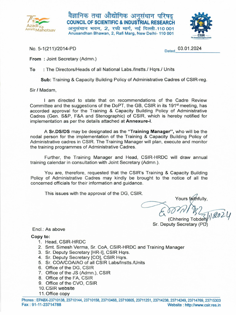 CSIR Letter Dated 03.01.2024 - Training and Capacity Building Policy | PDF