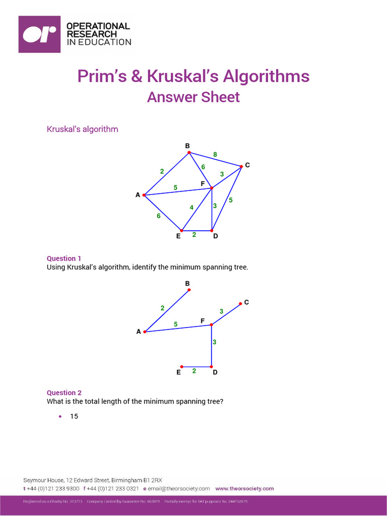Or in Education - Prim's and Kruskal's Algorithm Answer Sheet ... Or in Education - Prim's and Kruskal's Algorithm Answer Sheet ...