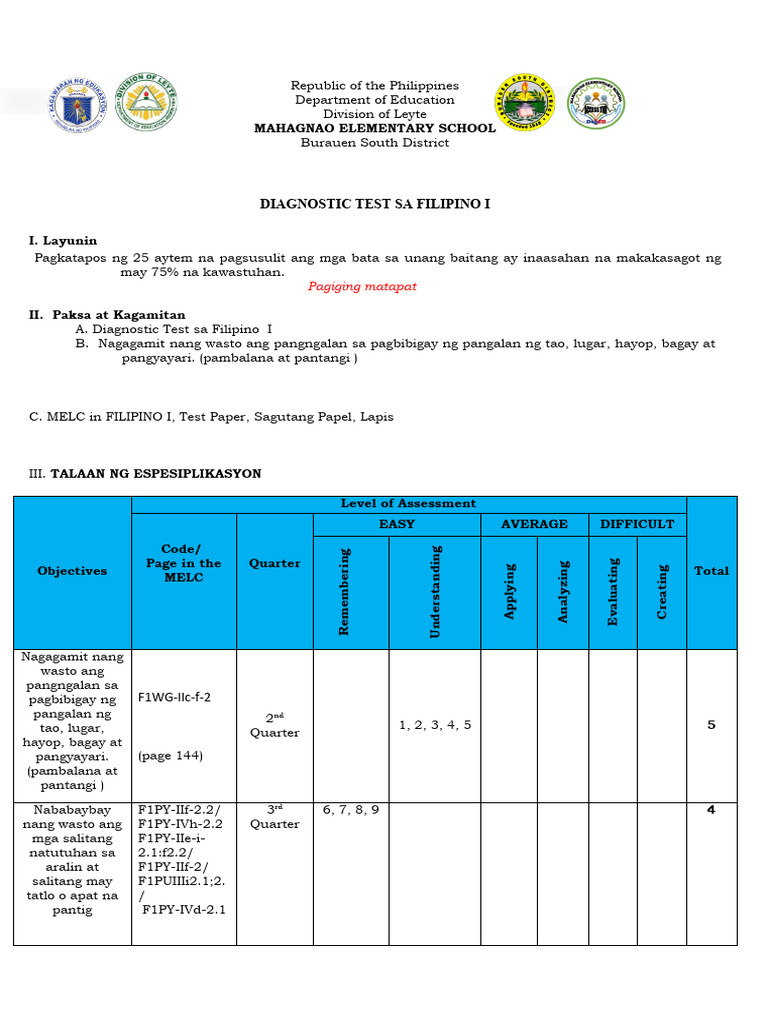 Diagnostic Test - Filipino 1 | PDF