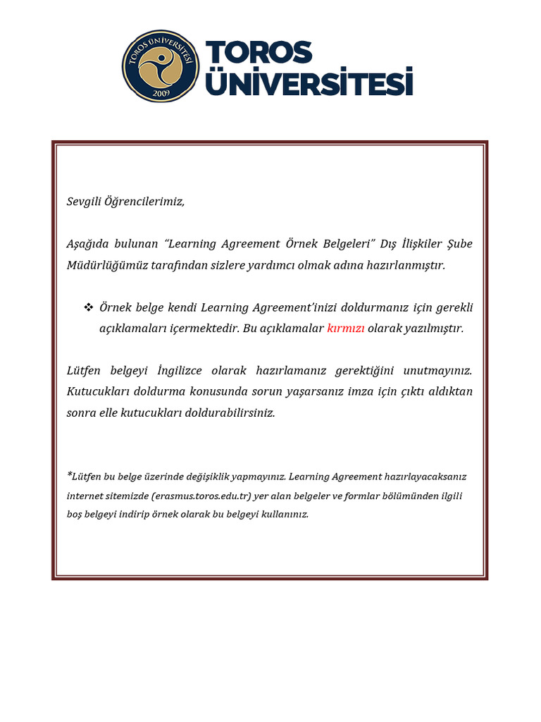 Örnek Öğrenim Sözleşmesi (Öğrenim H.) Learning Agreement | PDF