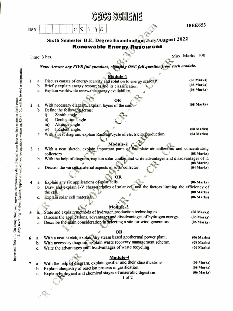 VTU Exam Question Paper With Solution of Renewable Energy, Resources ...