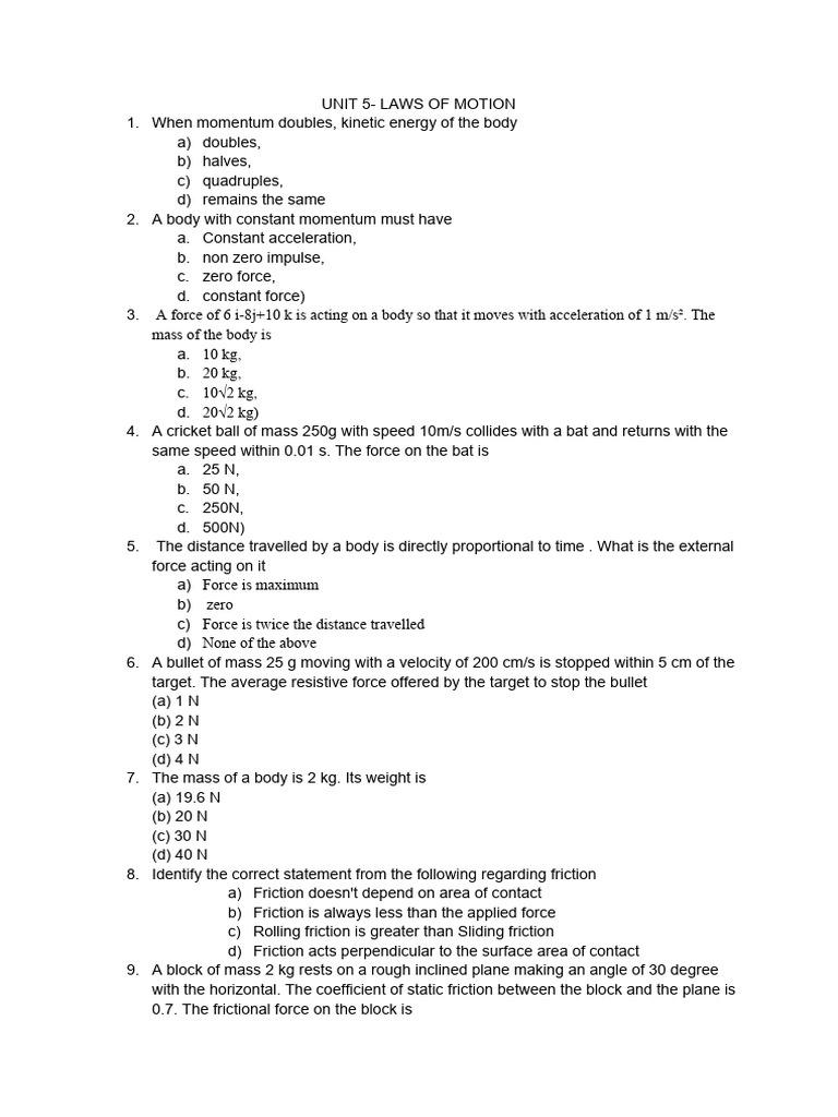 UNIT 5 - LAWS OF MOTION Worksheet | PDF
