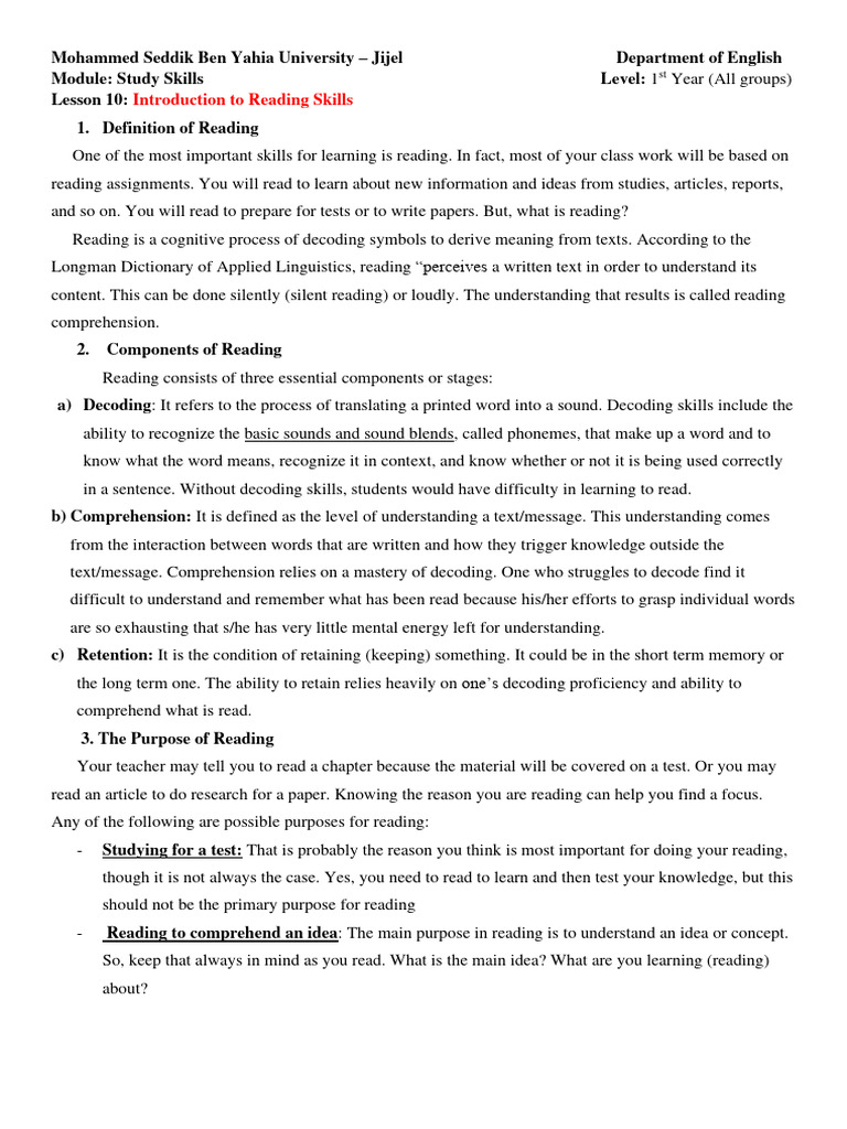 Introduction to Reading Skills | PDF