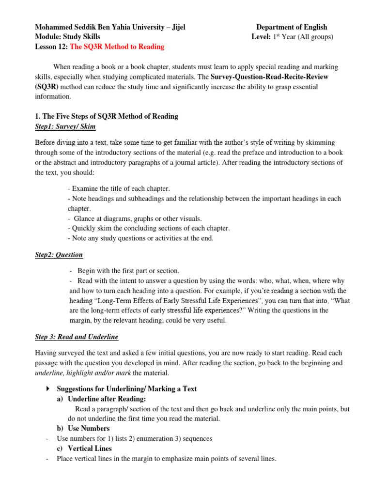 The SQ3R Method To Reading | PDF