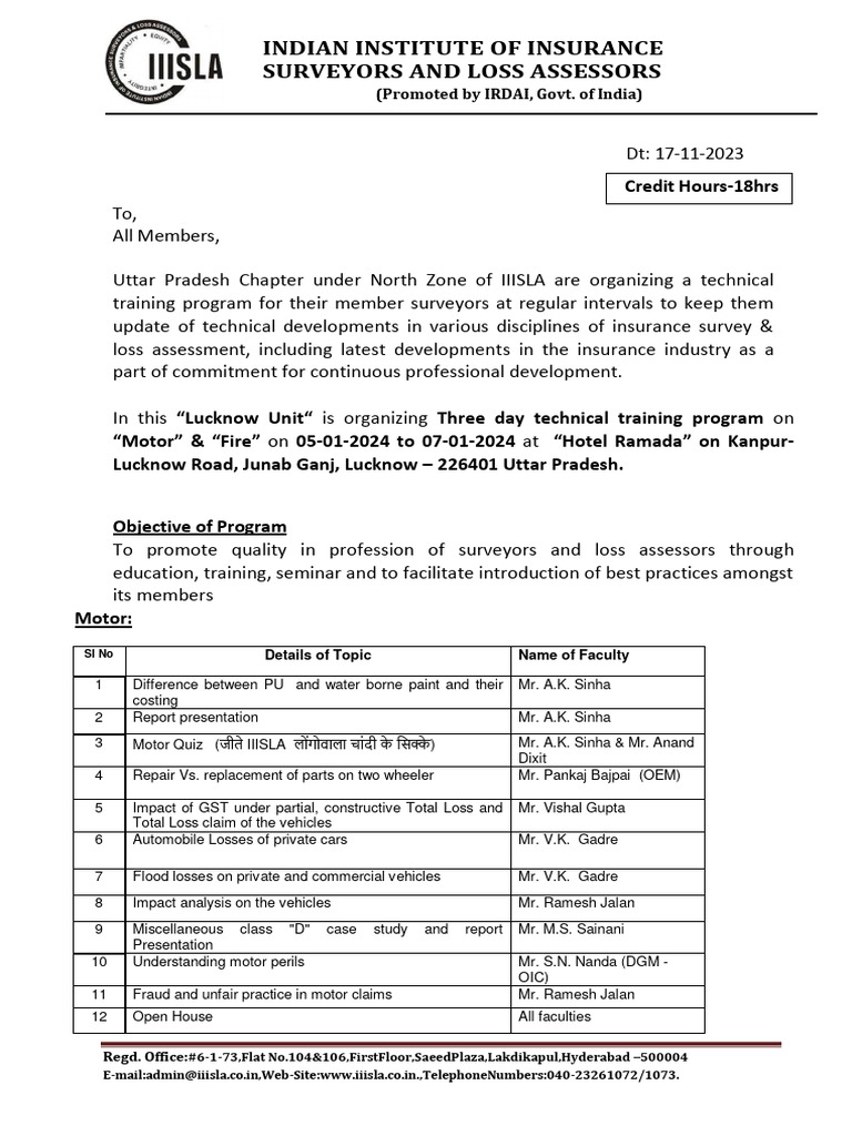 Notice - Technical Training Program by Lucknow Unit - Under Uttar Pradesh Chapter - Motor & Fire ...