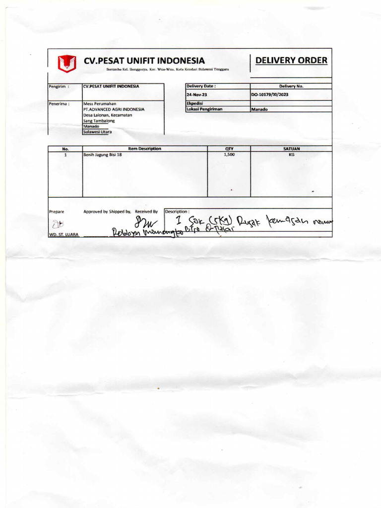 Contoh Delivery Order CV. Pesat Unifit Indonesia | PDF