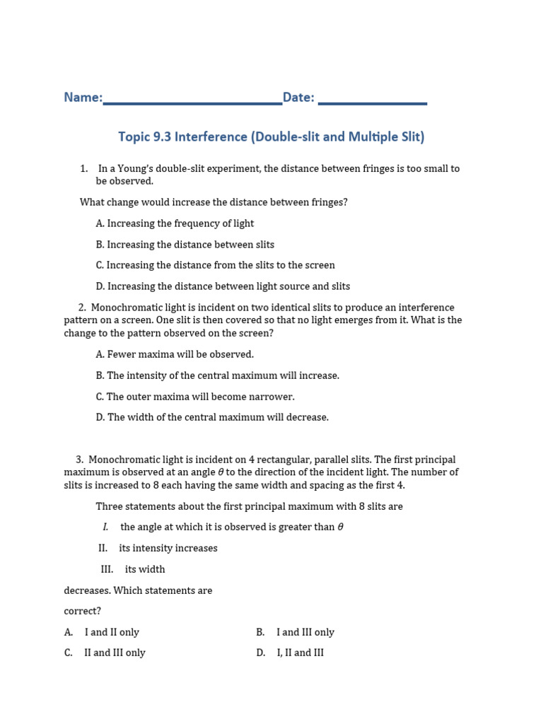 Topic 9.3 Interference - Double-Slit and Multiple-Slit | PDF | Coherence (Physics) | Scientific ...