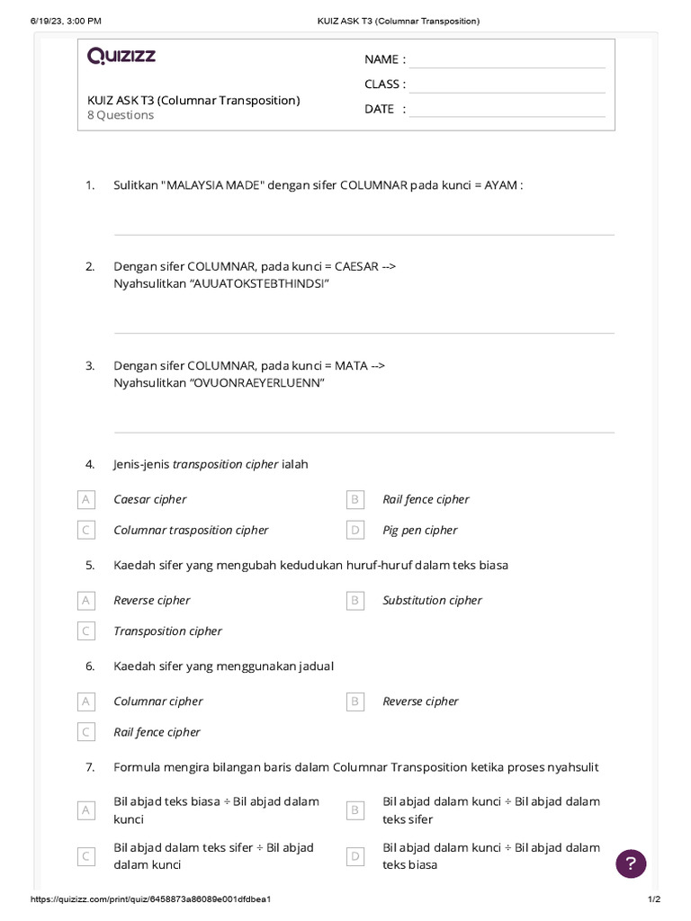 KUIZ ASK T3 (Columnar Transposition) | PDF