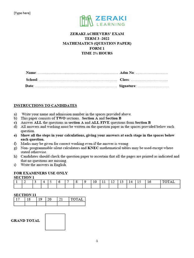 Mathematics - Mathematics Form 1-Zeraki Achievers 5.0 - Question Paper ...