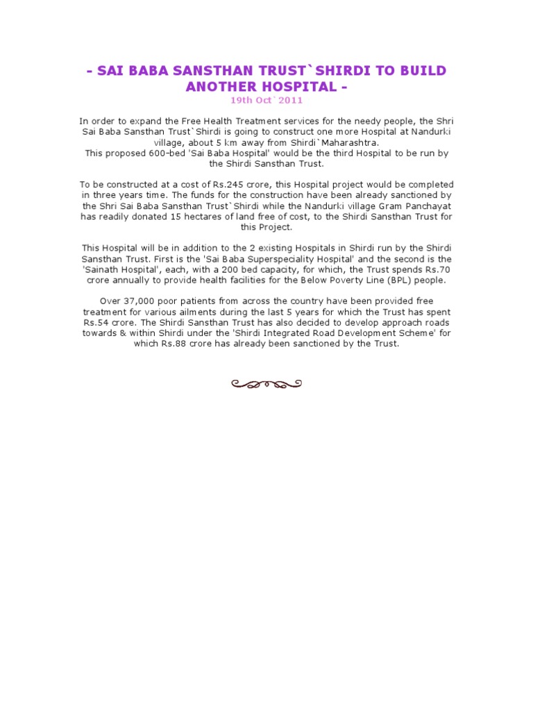 Shri Sai Baba Sansthan Trust'Shirdi To Build Another Hospital | PDF ...