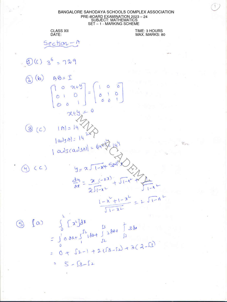 Maths Set 1 (Answer Key) | PDF