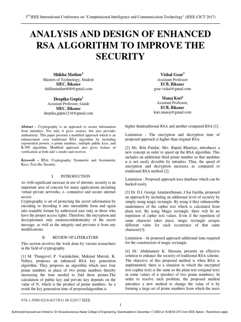 Analysis and Design of Enhanced RSA Algorithm To Improve The Security | PDF | Computers