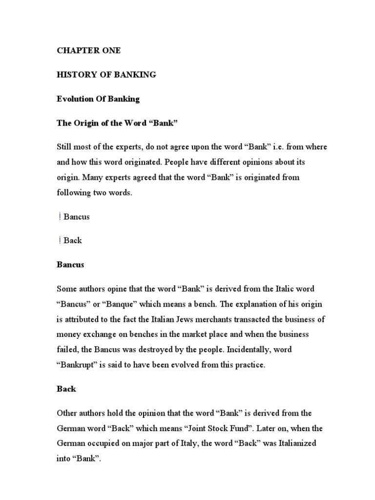 Chapter One History of Banking Evolution of Banking The Origin of The ...