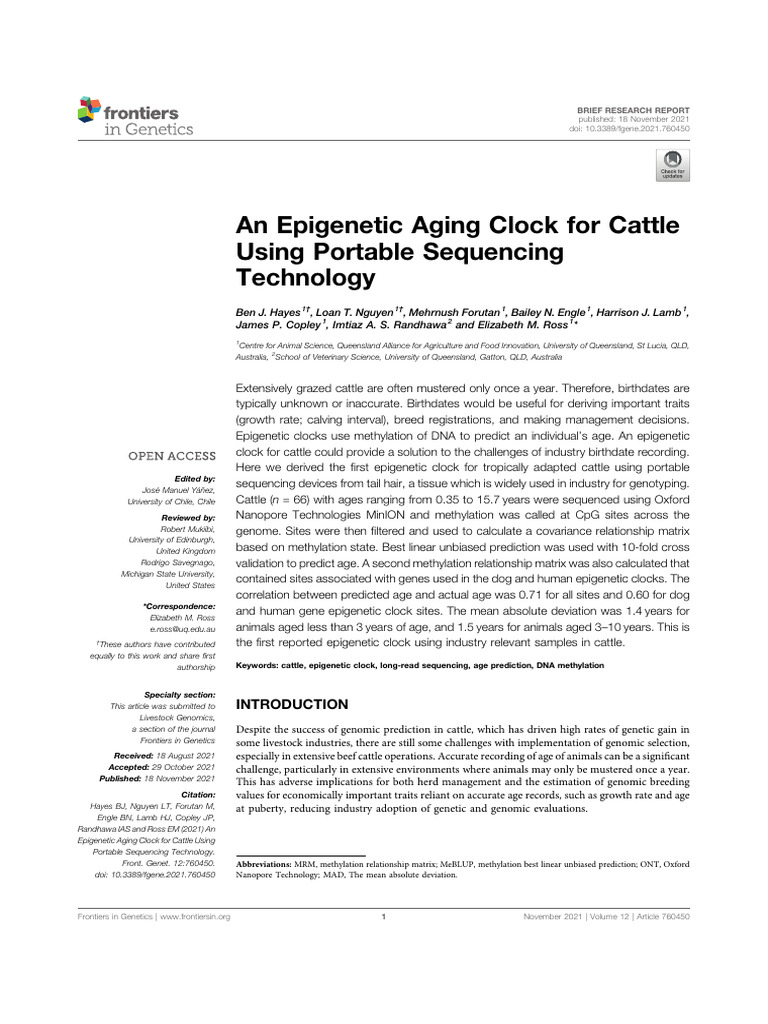 An Epigenetic Aging Clock For Cattle Using Portable Sequencing ...