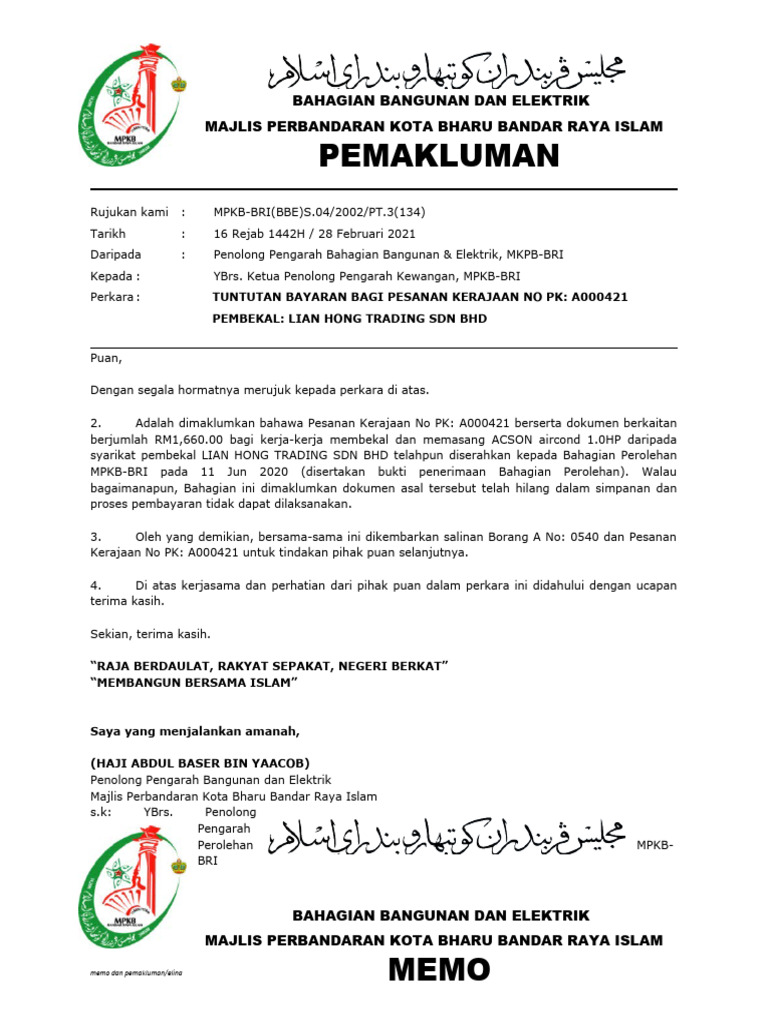 Memo Dan Pemakluman | PDF