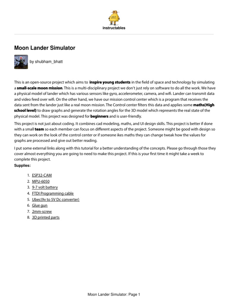 Moon Lander Simulator Pdf Arduino Lander Spacecraft