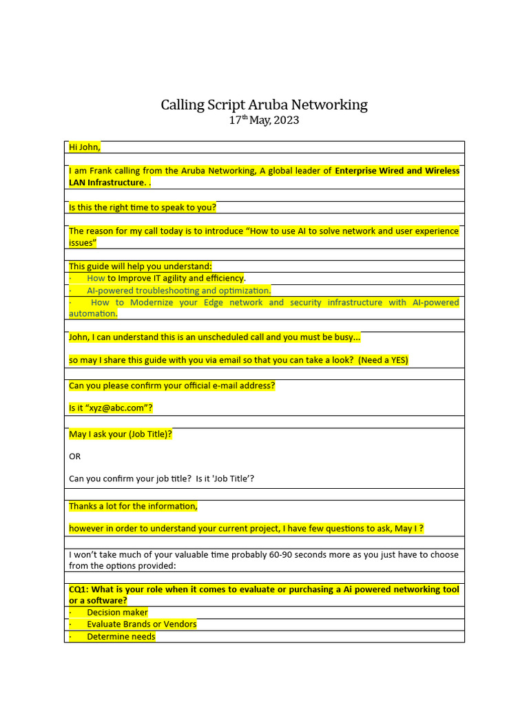 Calling Script Aruba Networking | PDF