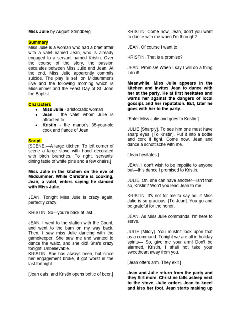 Miss Julie by August Strindberg | PDF