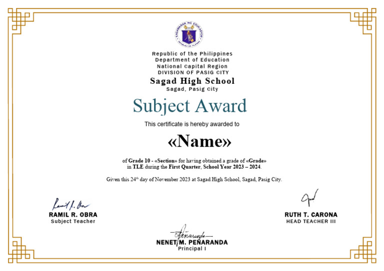 Subject Award 2023 2024 Certificate | PDF