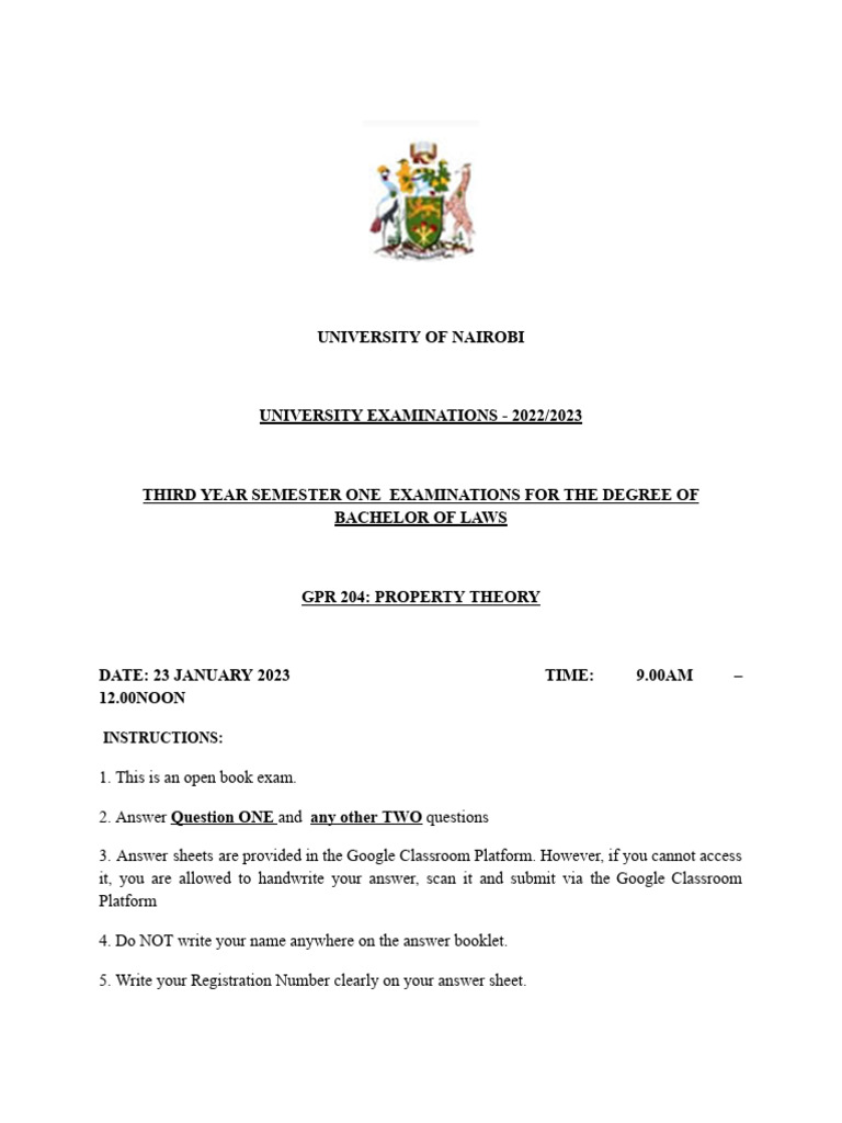 UON Property Theory Exam Questions 2023 | PDF | Law
