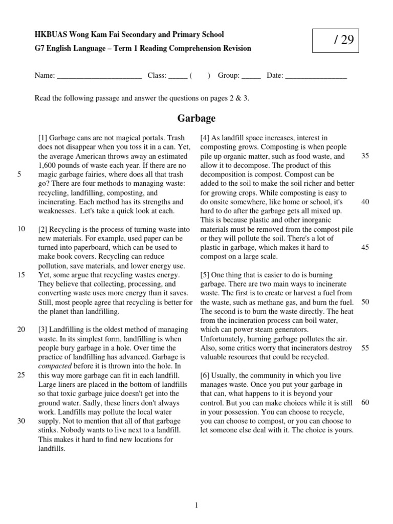 G7 Term 1 Reading Comprehension Revision - Passage | PDF
