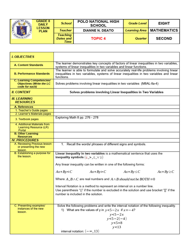 Quarter 2 - Topic 4 - Word Problems Invoving Linear Inequalities in Two Variables | PDF
