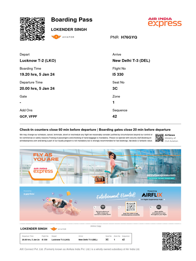 Boarding Pass (LKO-DEL) | PDF