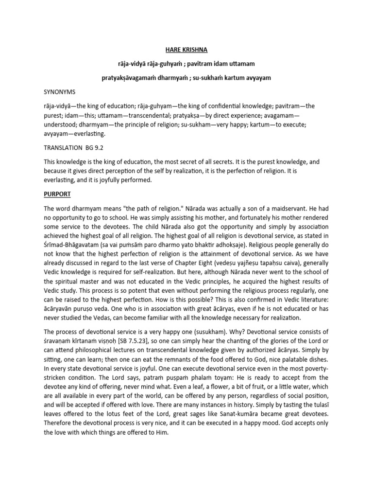 Hare Krishna Rāja-Vidyā Rāja-Guhya Pavitram Idam Uttamam Pratyak ...