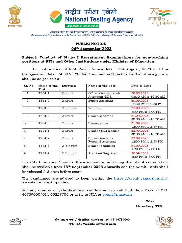 Examination Schedule For Common Recruitment Examination 2023 | PDF