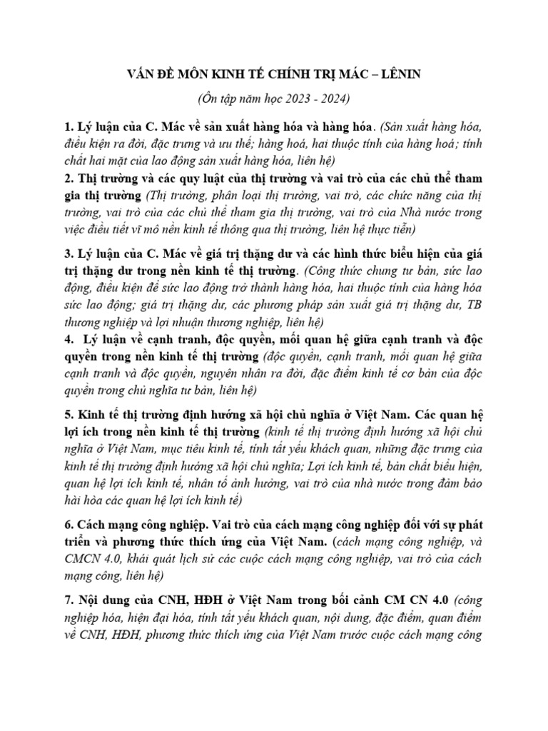 NỘI DUNG ÔN TẬP - KTCT 2023-2024 | PDF