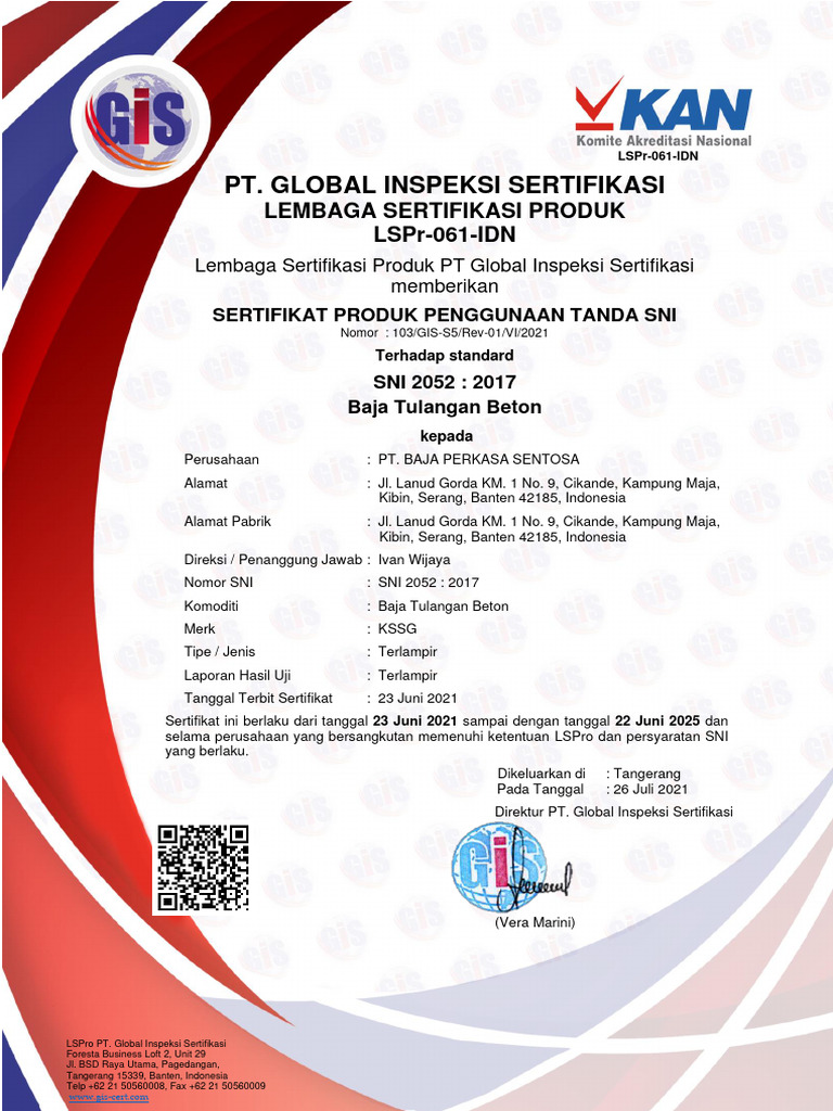 Cert 103 Sertifikat PT. Baja Perkasa Sentosa KSSG Rev-01 | PDF