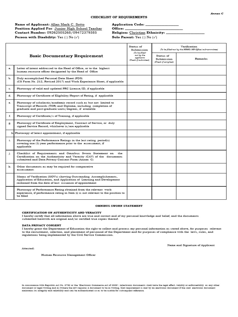 Annex C Checklist of Requirements and Omnibus Sworn Statement | PDF