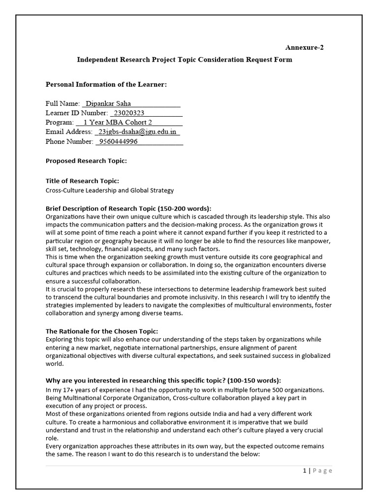 IRP - Topic Selection Form - Dipankar Saha | PDF