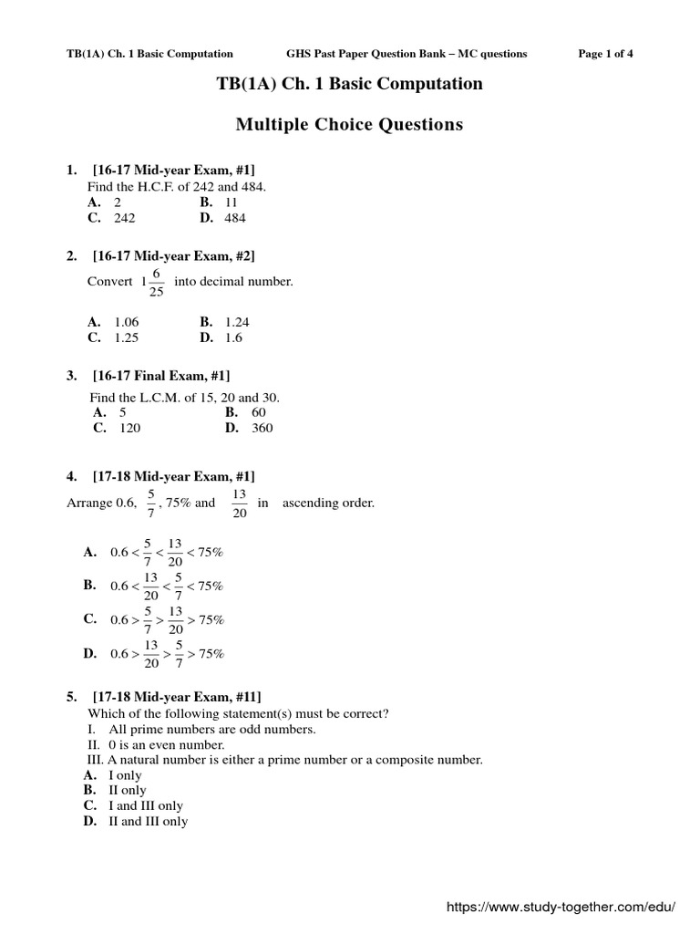 16 21 1A Ch. 1 Basic Computation MC | PDF | Teaching Methods & Materials